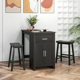 Costway 3-Piece Pub Dining Set with Saddle Stools & Storage Cabinet ...