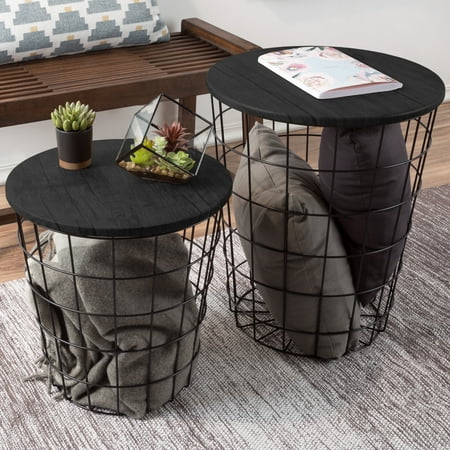 Nesting Tables with Storage ? Set of 2 Convertible Round Metal Basket ...