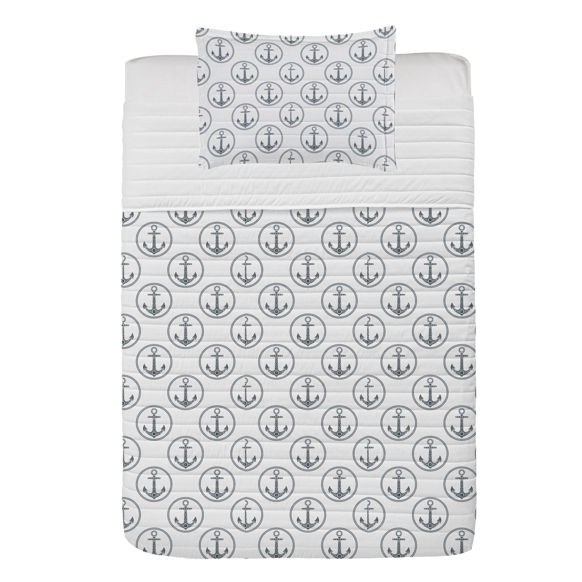 Anchor Microfiber Bedspread Set, Floral Patterned in Marine Circles ...