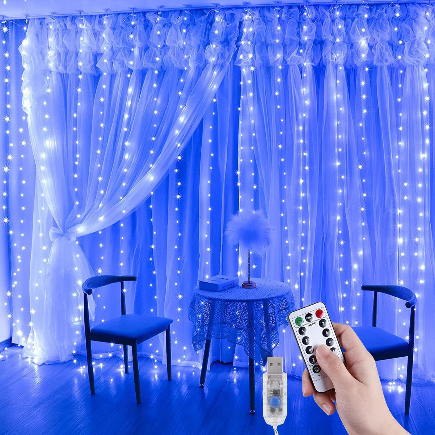 LED Curtain Light, 10ftx10ft 300 LED,with 8 Light Modes, Remote Control ...