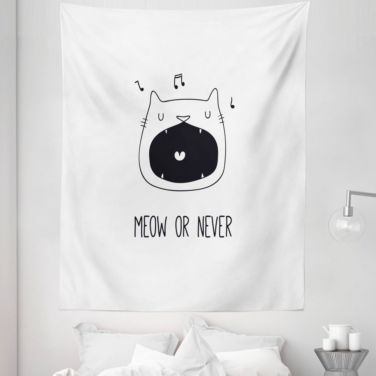 Cat Lover Tapestry, Meow or Never Word Singing Kitten Fangs Music to ...