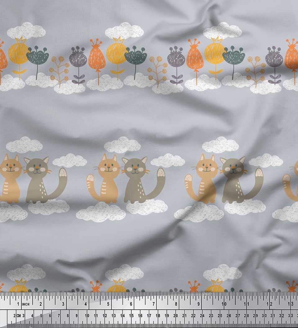 Soimoi Rayon Fabric Floral,Clouds & Cat Kids Print Fabric by The Yard ...