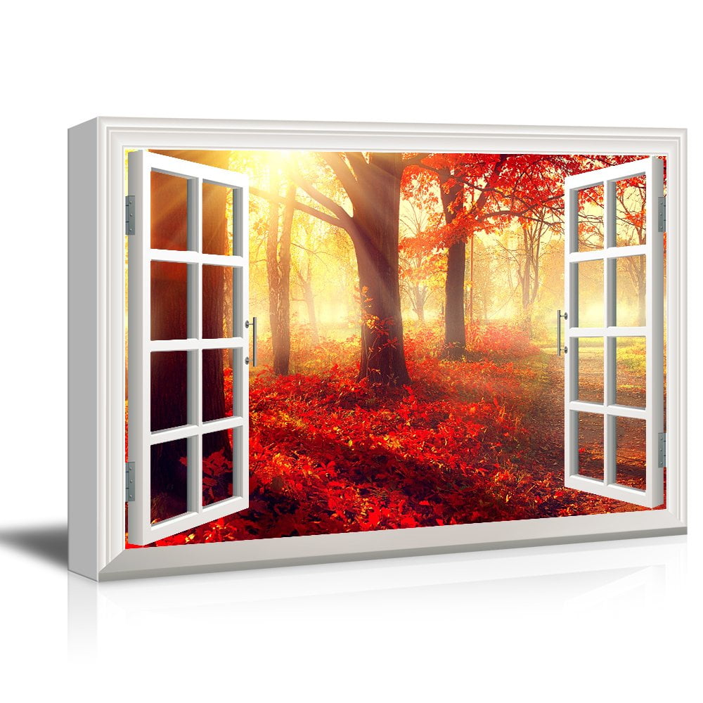 3D Visual Effect View Through Window Frame Red Tree in The Park During ...