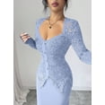 Blue Lace Overlay Button-Front Fitted Midi Dress With Long Sleeves And ...