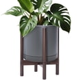 Ceramic Planter with Ebony Stand - 12 Inch Modern Round Flower Pot with ...