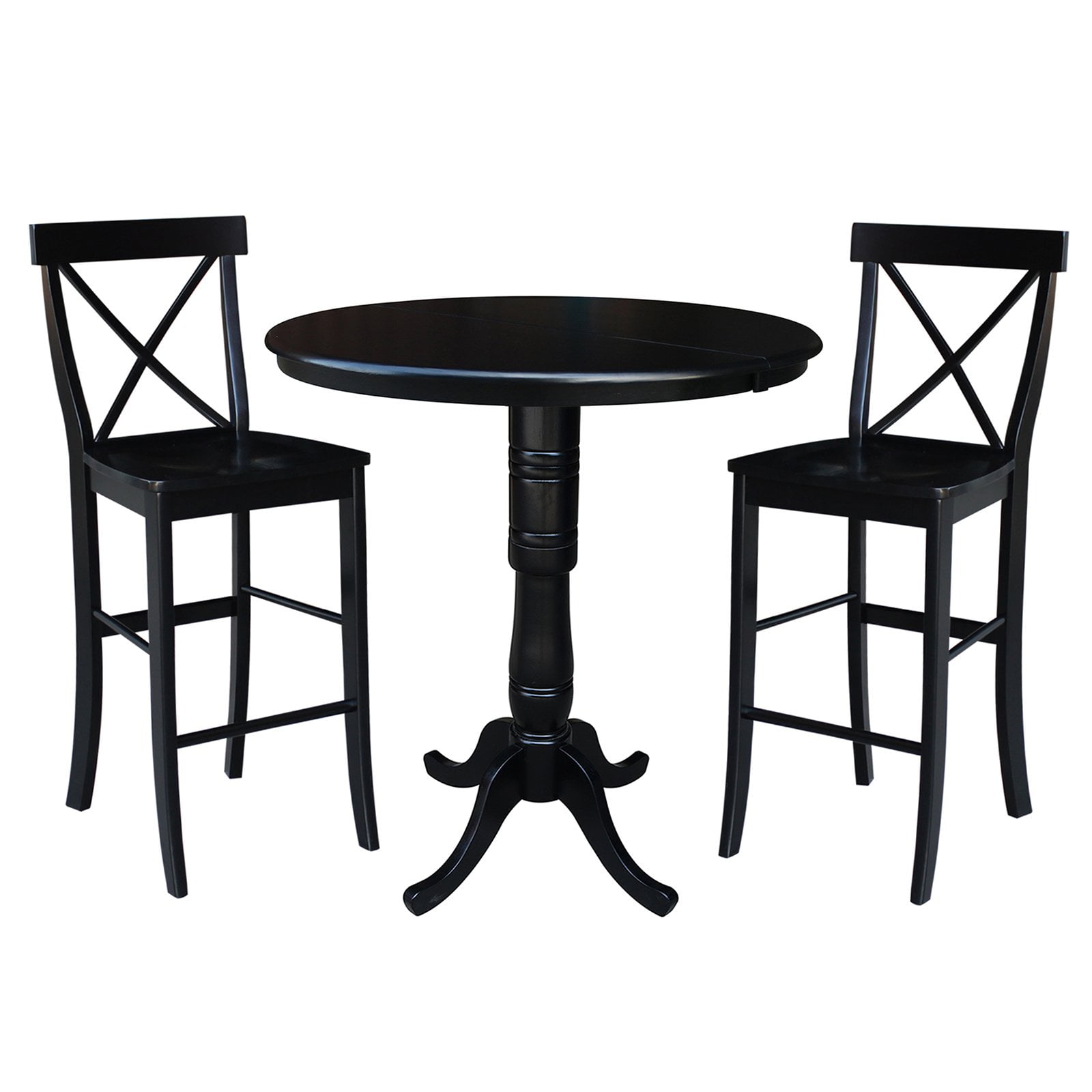 36" Round Bar Height Table with 12" Leaf and 2 X-back Stools - Black ...