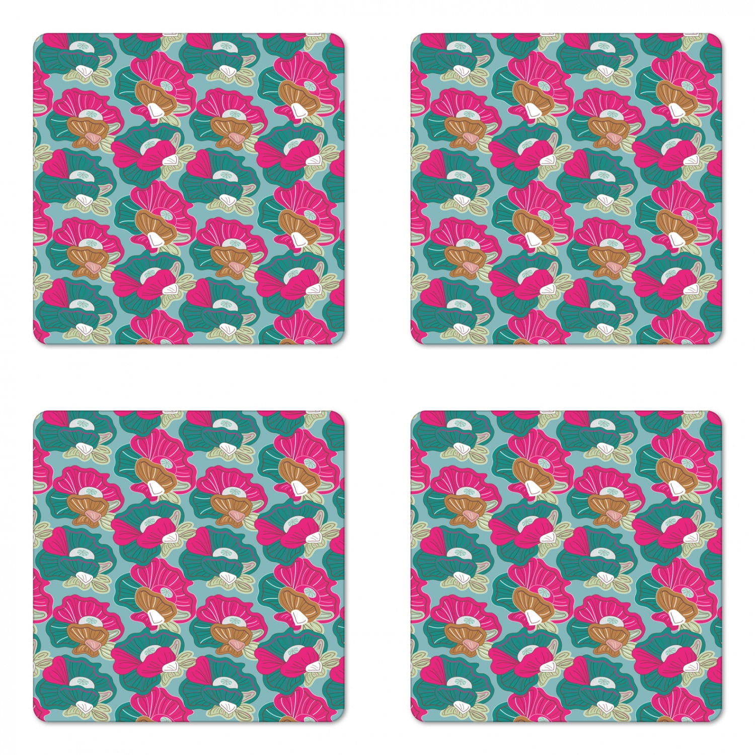 Floral Coaster Set of 4, Natural Theme Colorful Drawing Flower Patterns ...