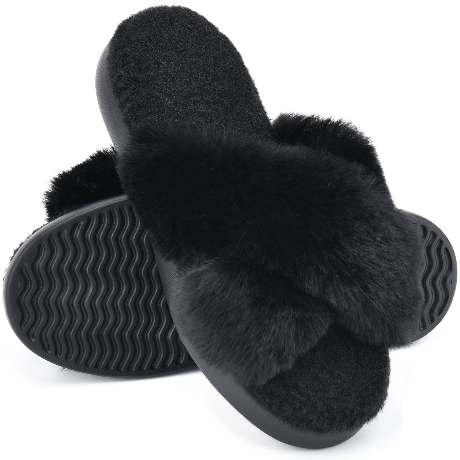 LORDFON Fluffy Open Toe Slippers for Women,Fuzzy Furry Cross Band Memory Foam Bedroom Plush ...