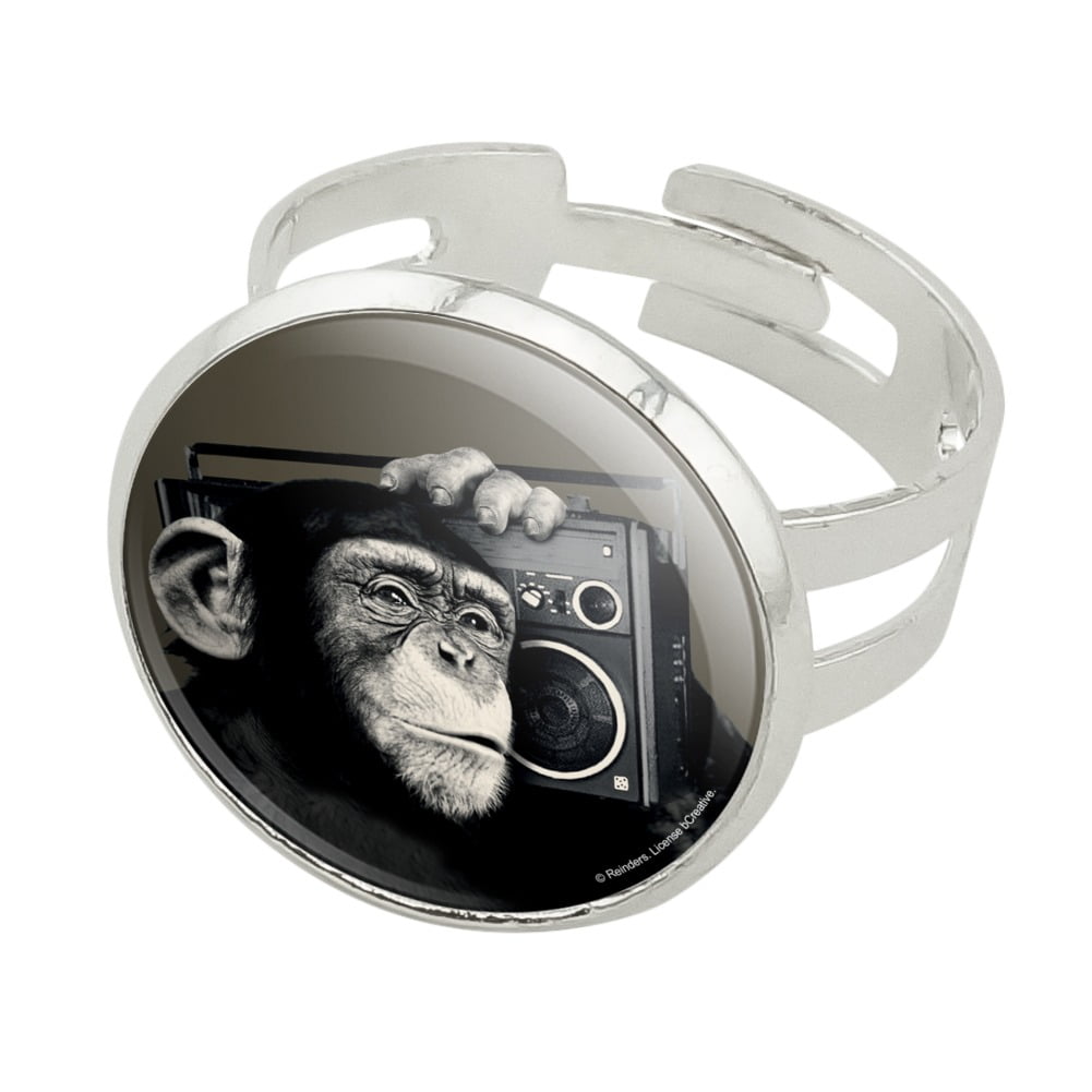 Chimp Monkey With Boombox Radio Silver Plated Adjustable Novelty Ring ...