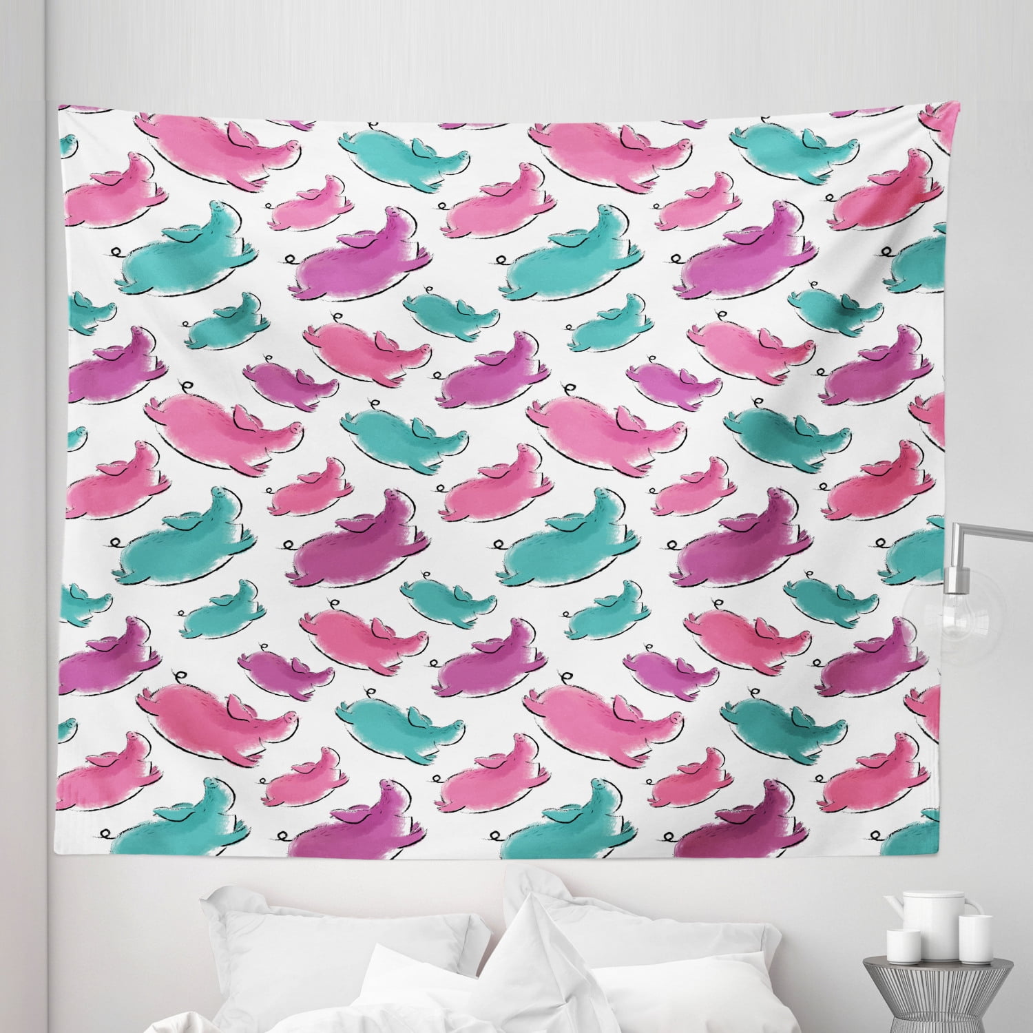 Pig Tapestry, Illustration of Hand Drawn Watercolor Style Silhouettes ...