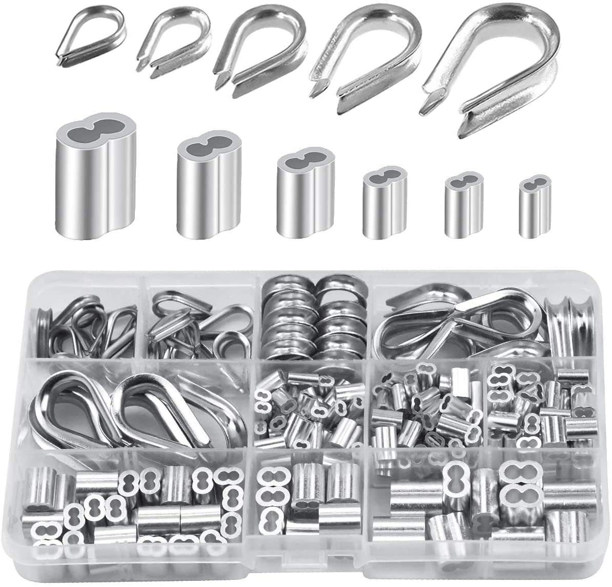 250 Pack Aluminum Wire Rope Lugs in 6 Different Sizes - Assorted Double ...