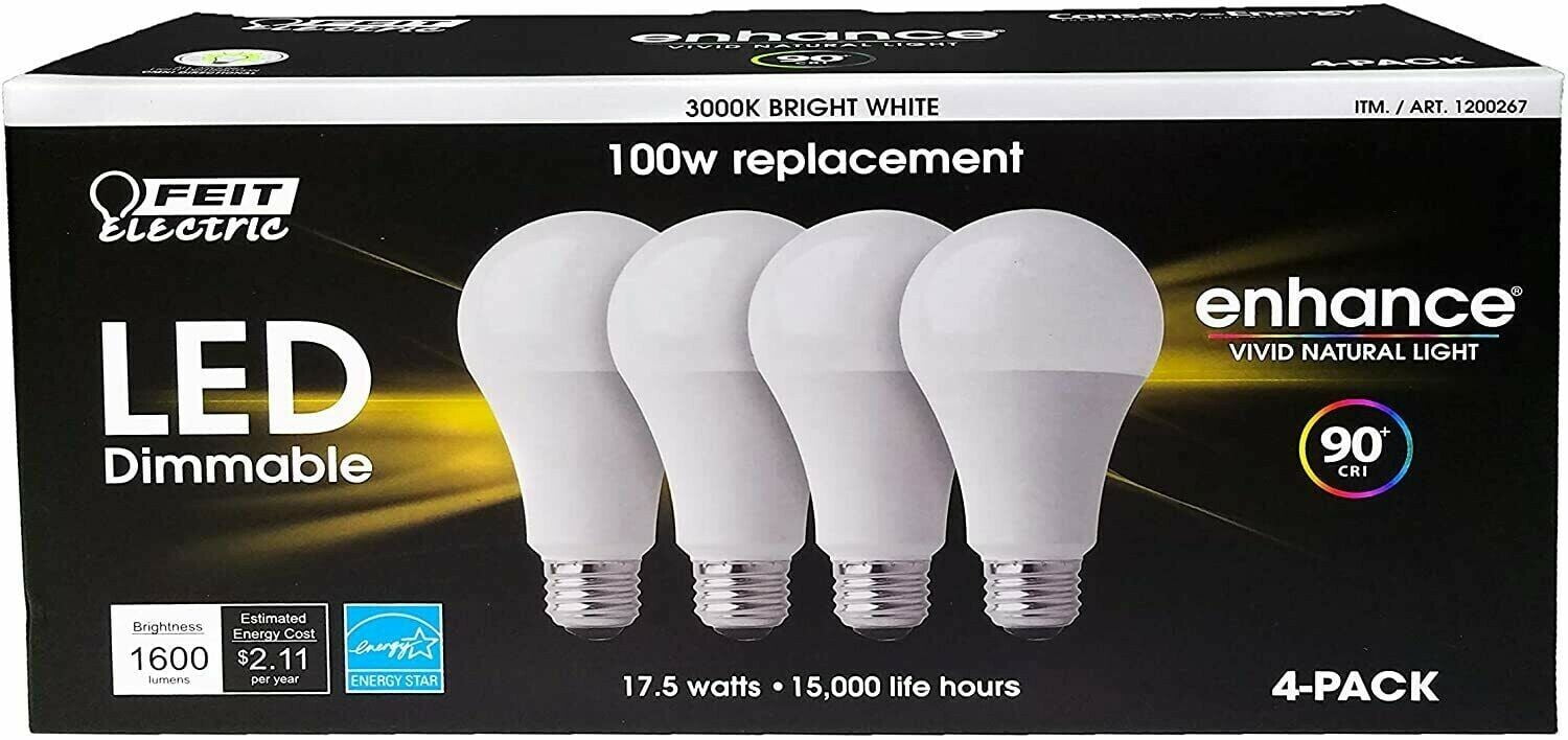 Feit Dimmable LED 3000K Bright White Warm 4-Pack 100W Output 17.5W ...