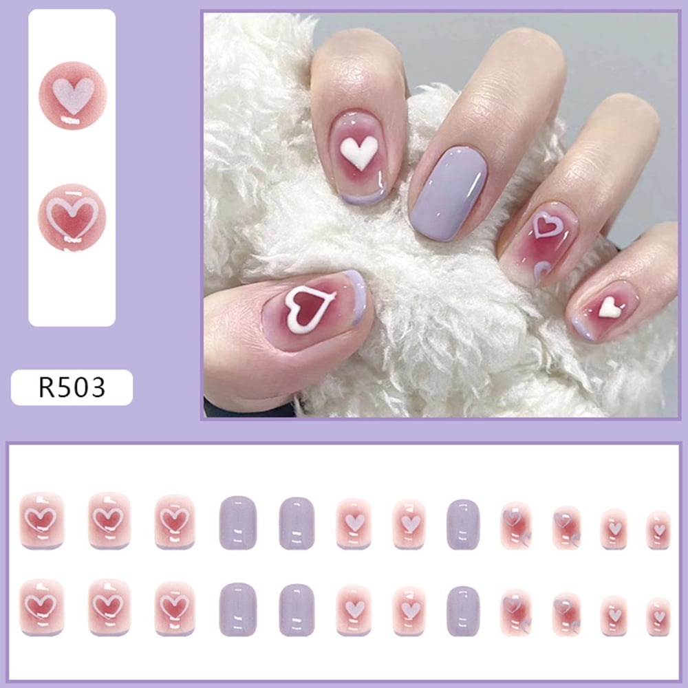 24Pcs Glossy False Nails Taro Purple Love Heart Short Fake Nails for ...