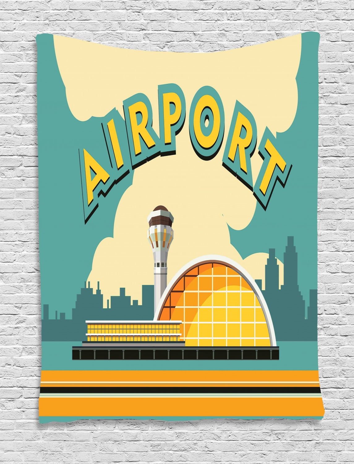 Airport Tapestry, Nostalgic Airport Building on City Silhouette ...