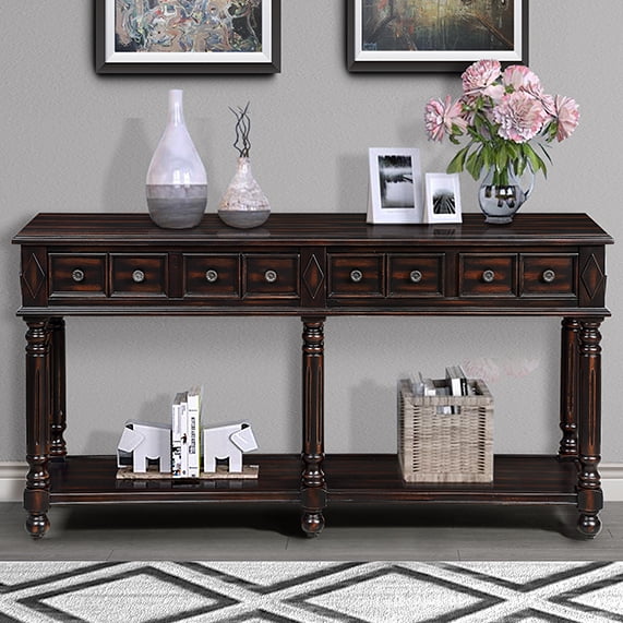 58" Entryway Table,Rustic Solid Wood Console Table with Two Storage ...