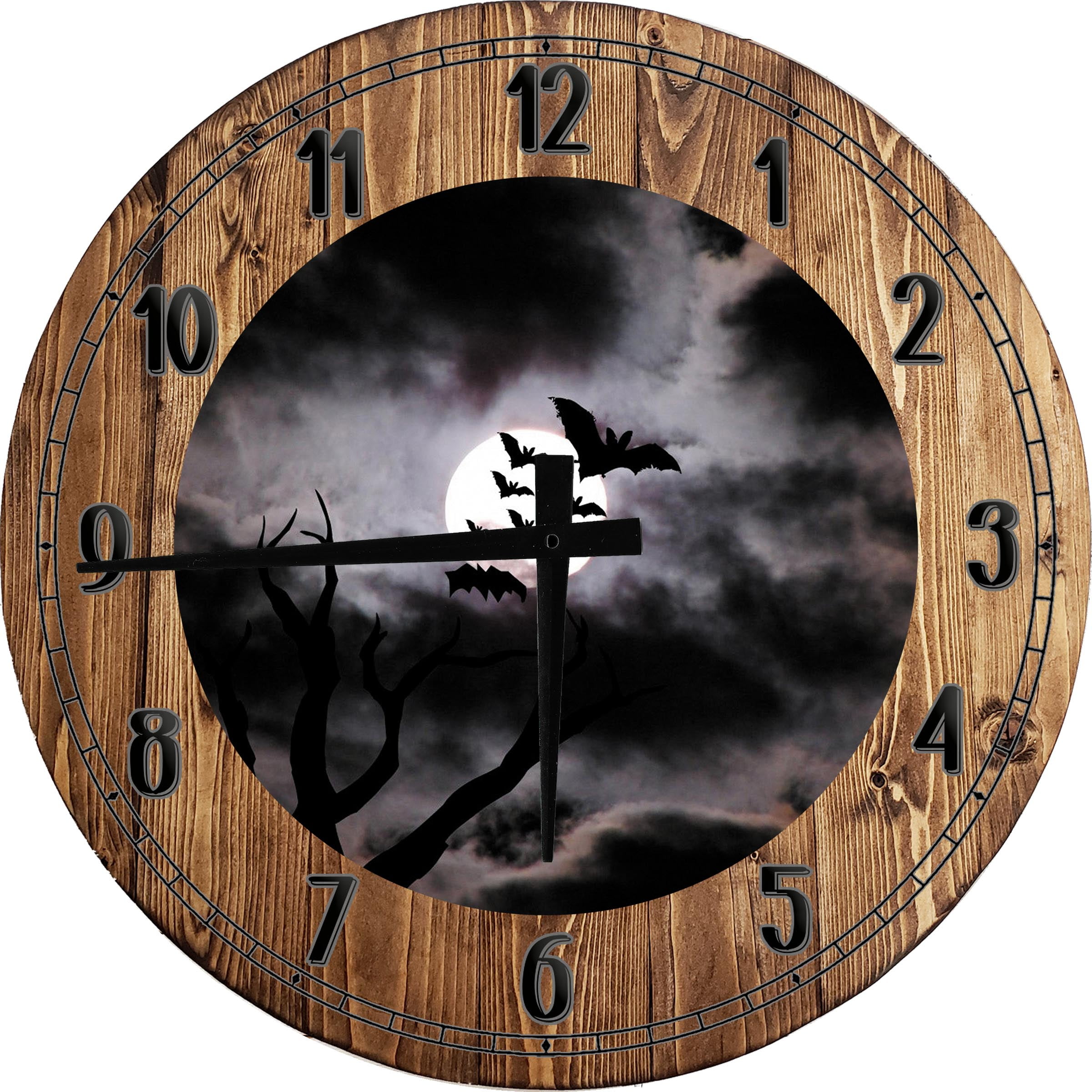 Large Wood Wall Clock 24 Inch Round Moon Wall Art Bats Flying in The ...