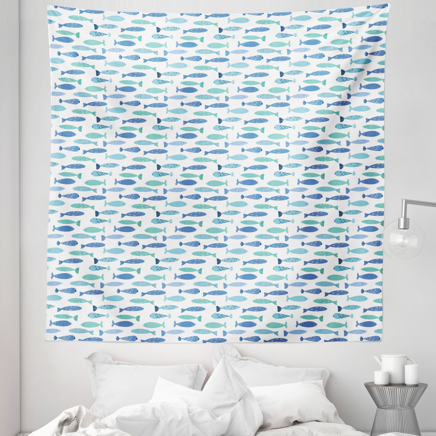 Fish Tapestry, Doodle Style Fishes with Floral Details Swimming in ...