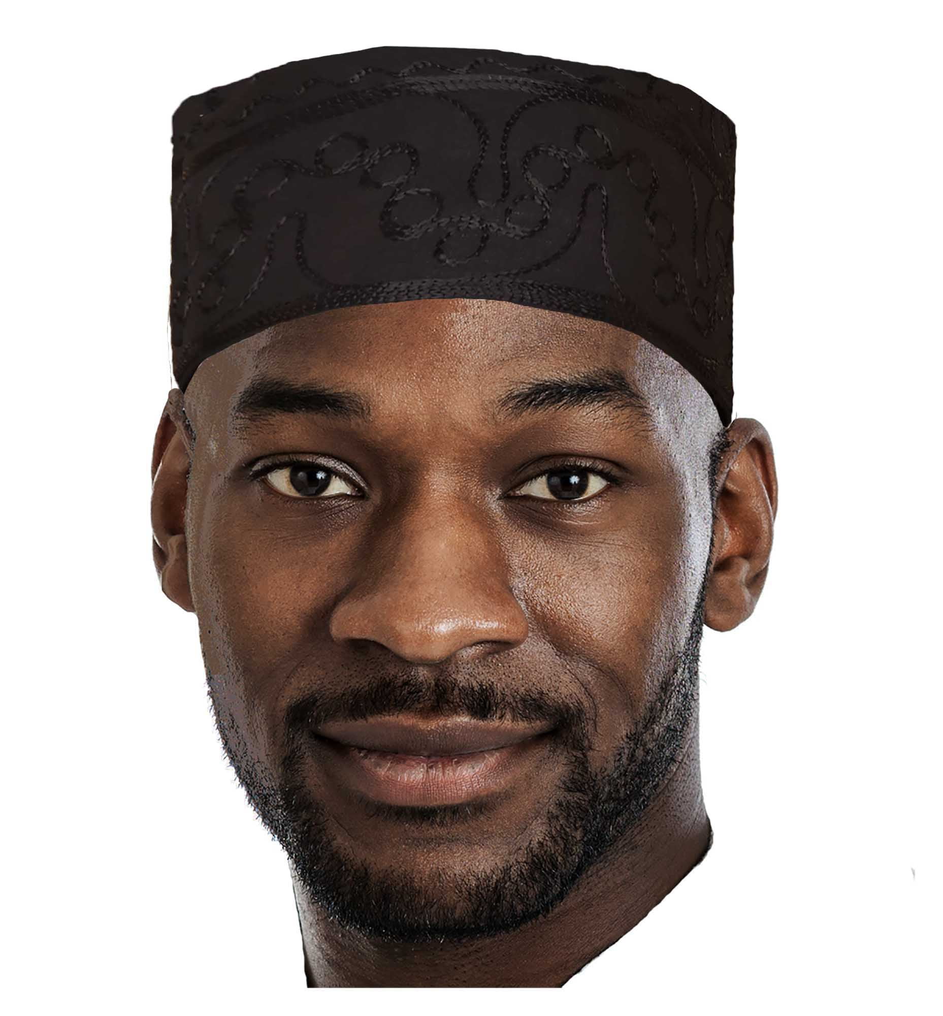 Black Adebo African Kufi Hat With Black Embroidery