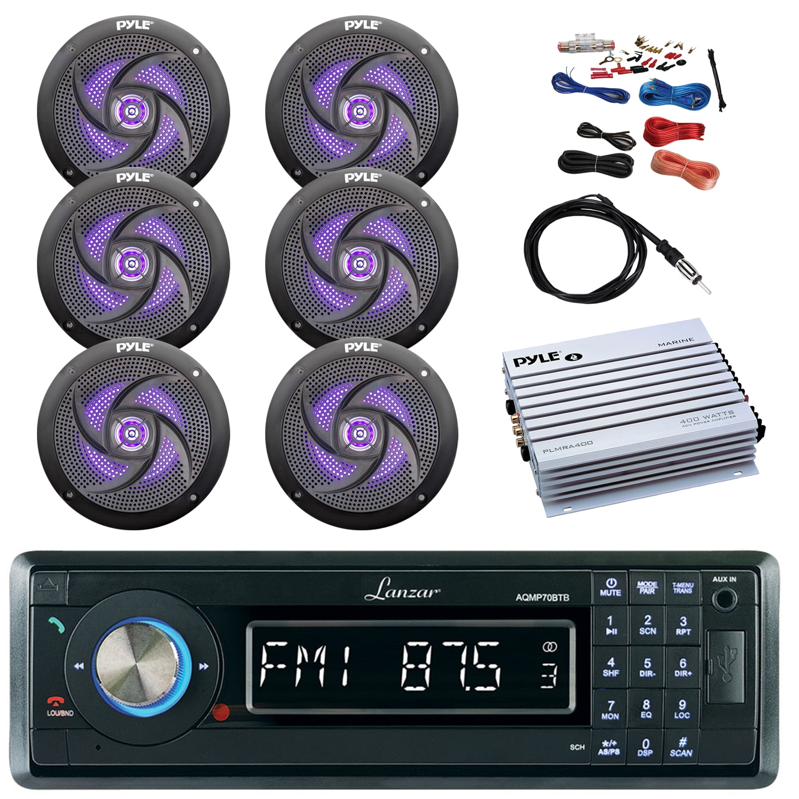 Lanzar AQMP70BTB Single DIN In Dash Bluetooth AUX USB MMC SD MP3 Boat ...