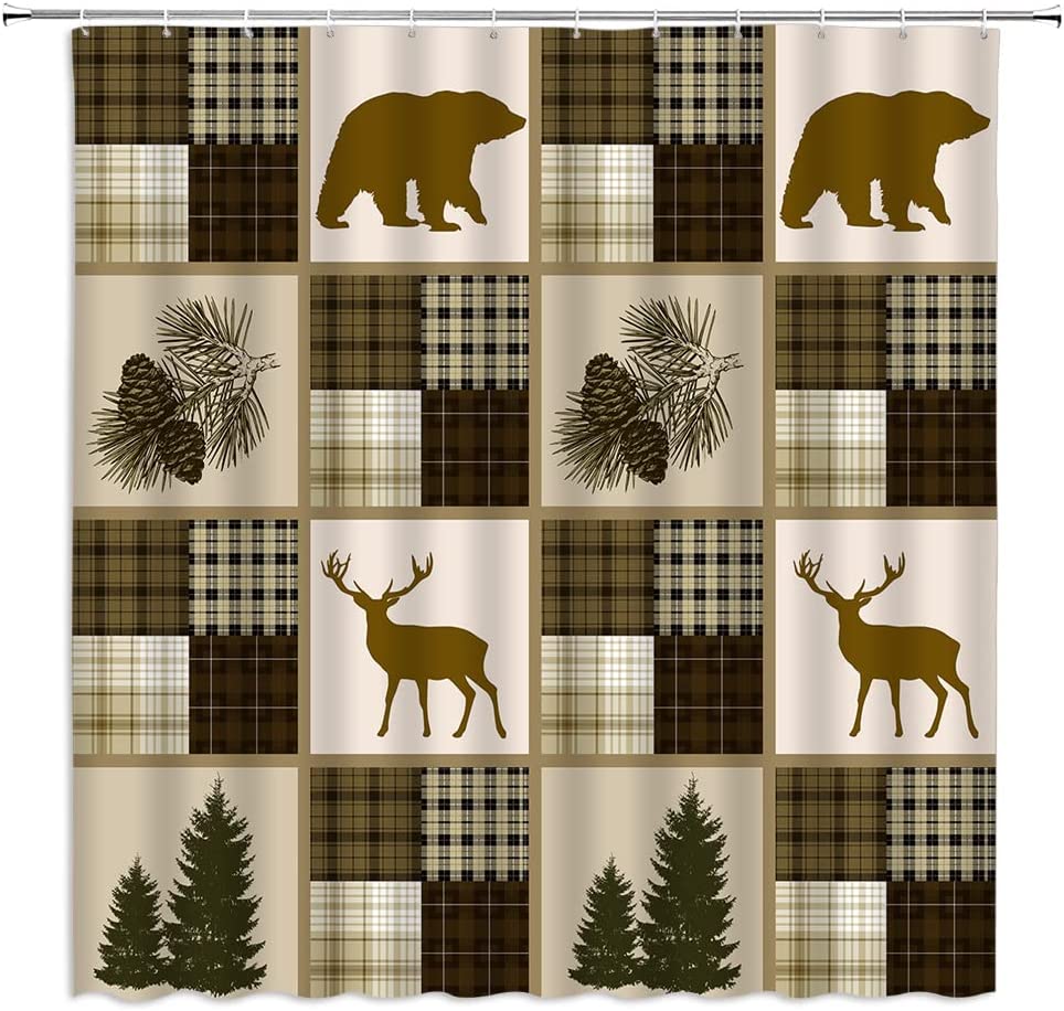 Rustic Bear Shower Curtain Buffalo Lattice Wildlife Deer Country ...