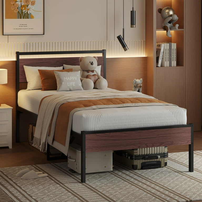 PAPROOS Twin Size Bed Frame Metal Platform Bed with Wooden Headboard Twin Bed Frame for Kids Teens Adults No Box Spring Needed Brown