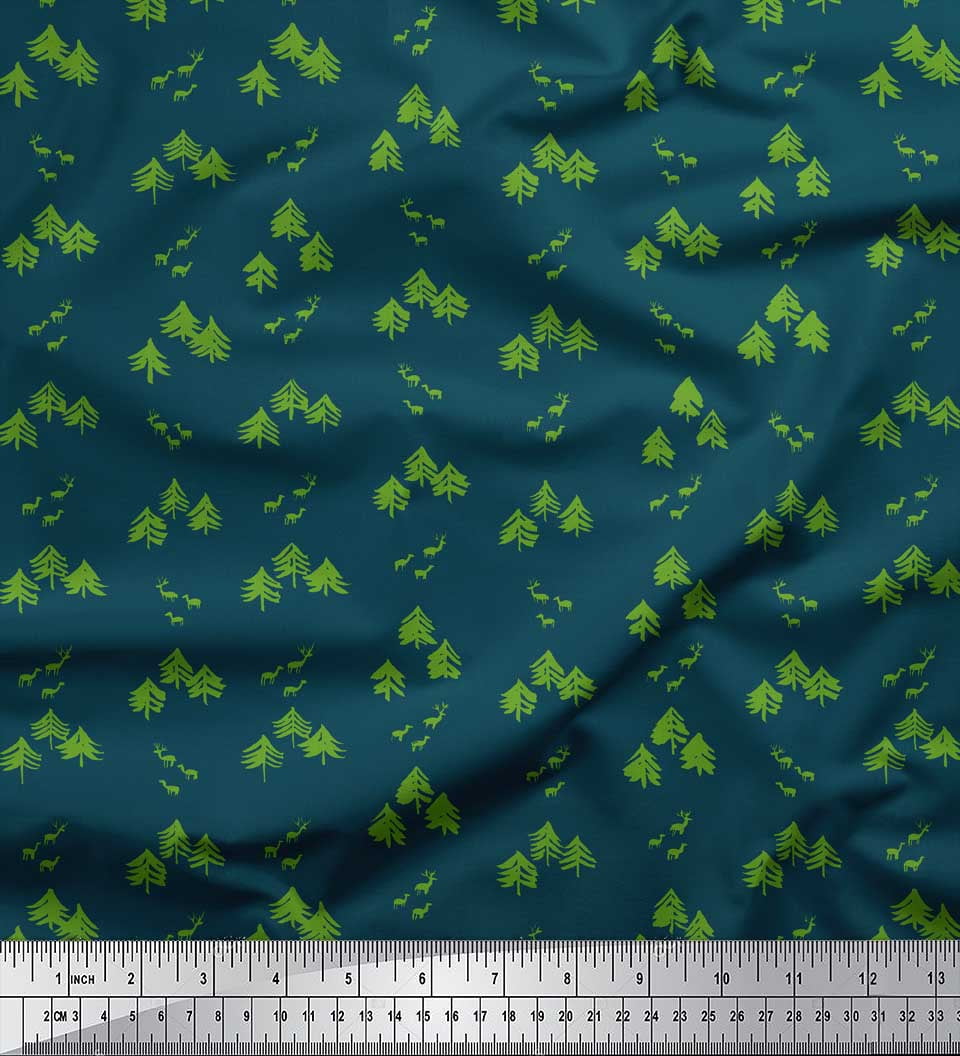 Soimoi Blue Poly Georgette Fabric Elk & Deodar Cedar Tree Printed Craft ...