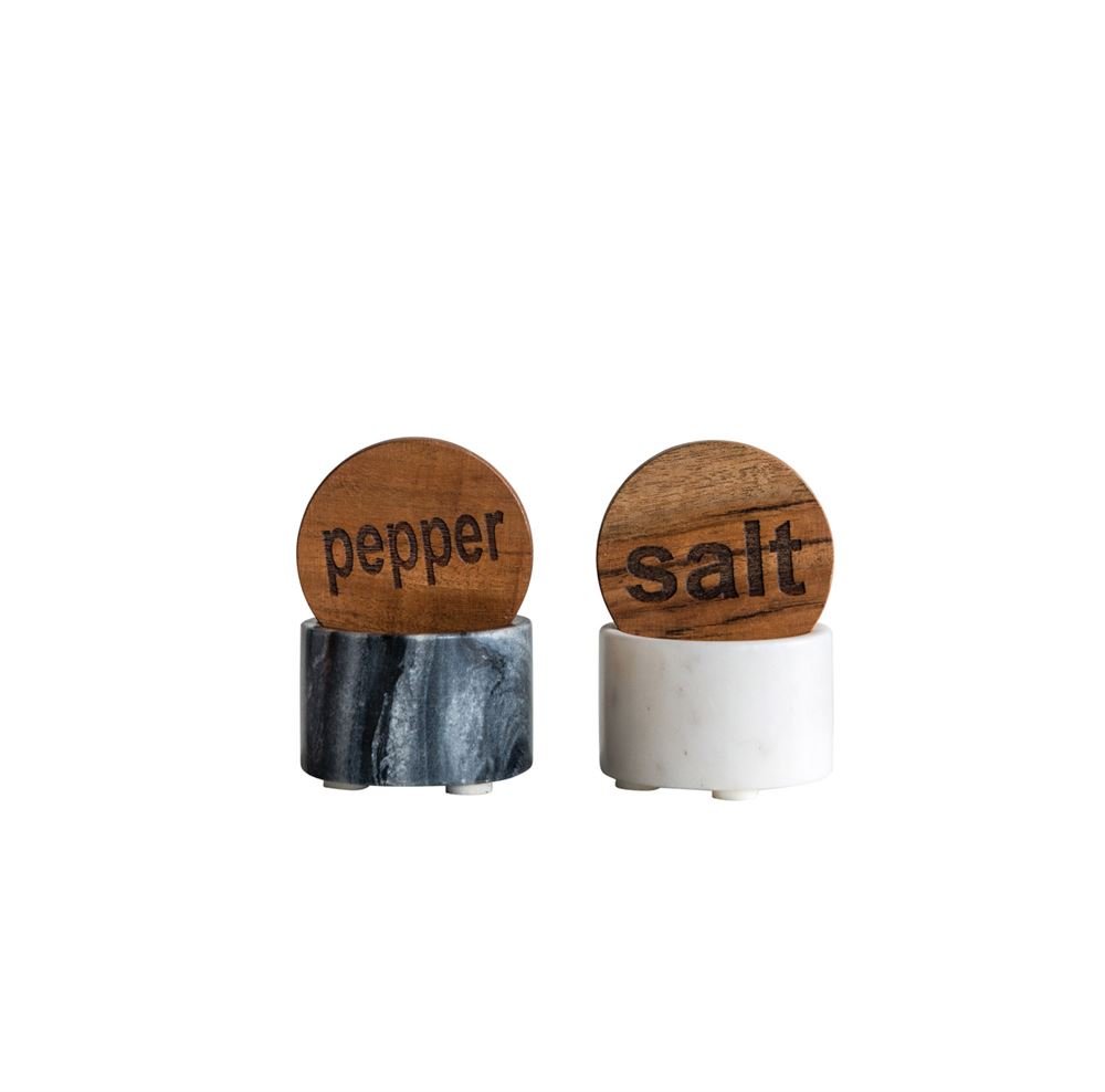 Creative Co-op Round Marble Salt & Pepper Pot w/Wood Lid, Black & White ...