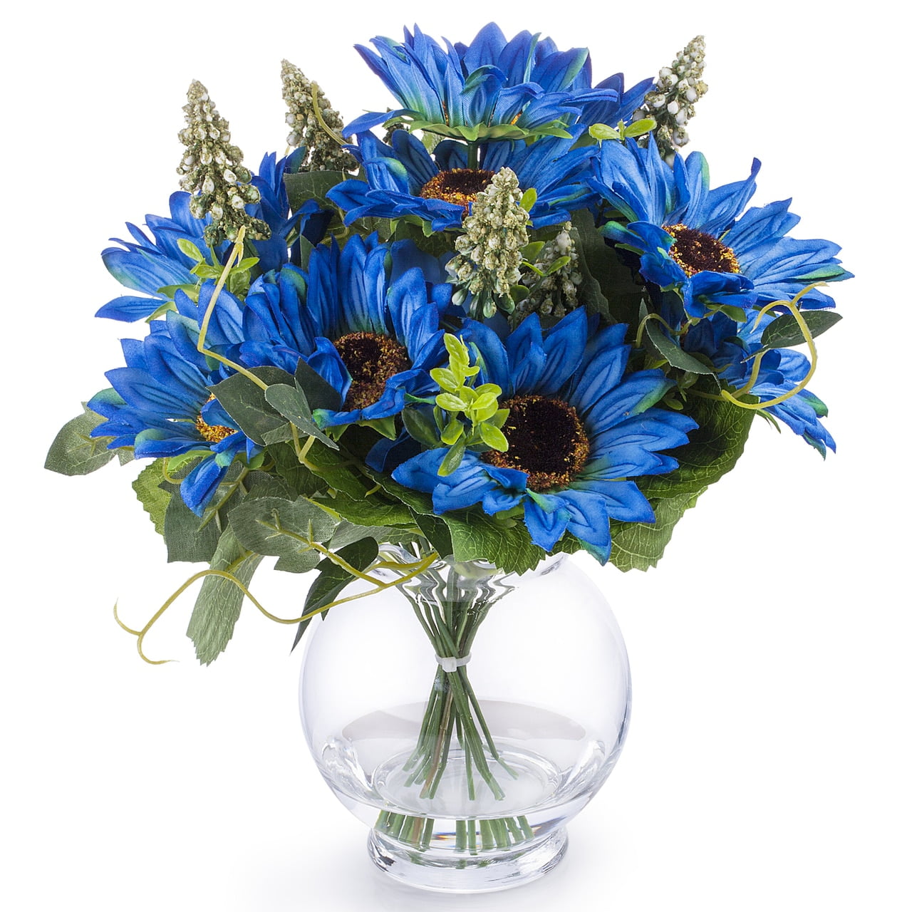 Enova Home Blue Silk Sunflower Arrangement in Clear Glass Vase ...