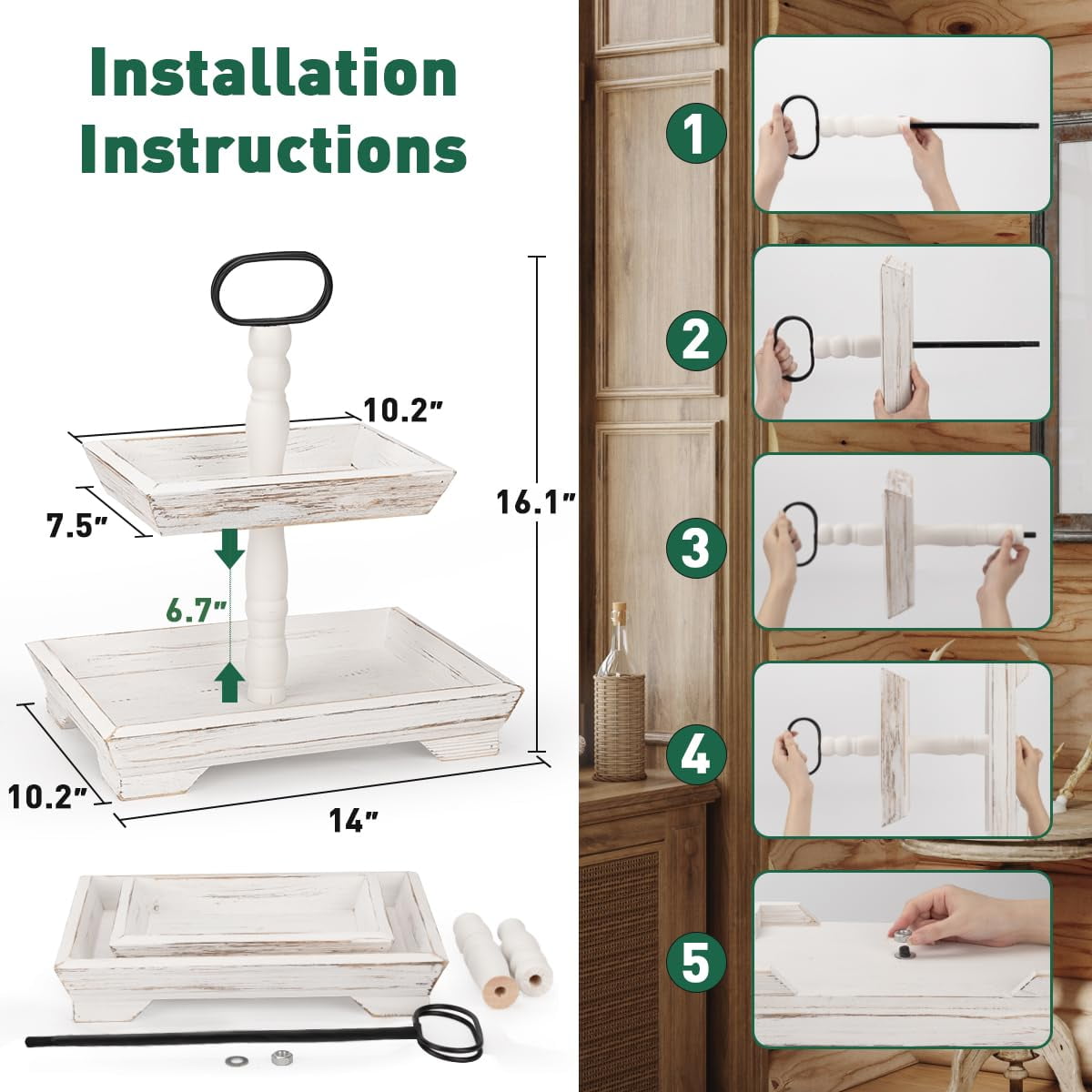 HAPOO 2 Tiered Tray Stand - Farmhouse Wood Decor, White HAPOO 2 Tiered Tray Stand - Farmhouse Wood Decor, White