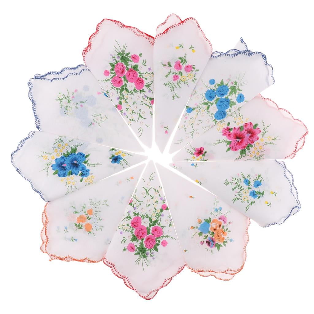 10pack Womens White Square Hankies Pocket Hanky Coloured Floral ...