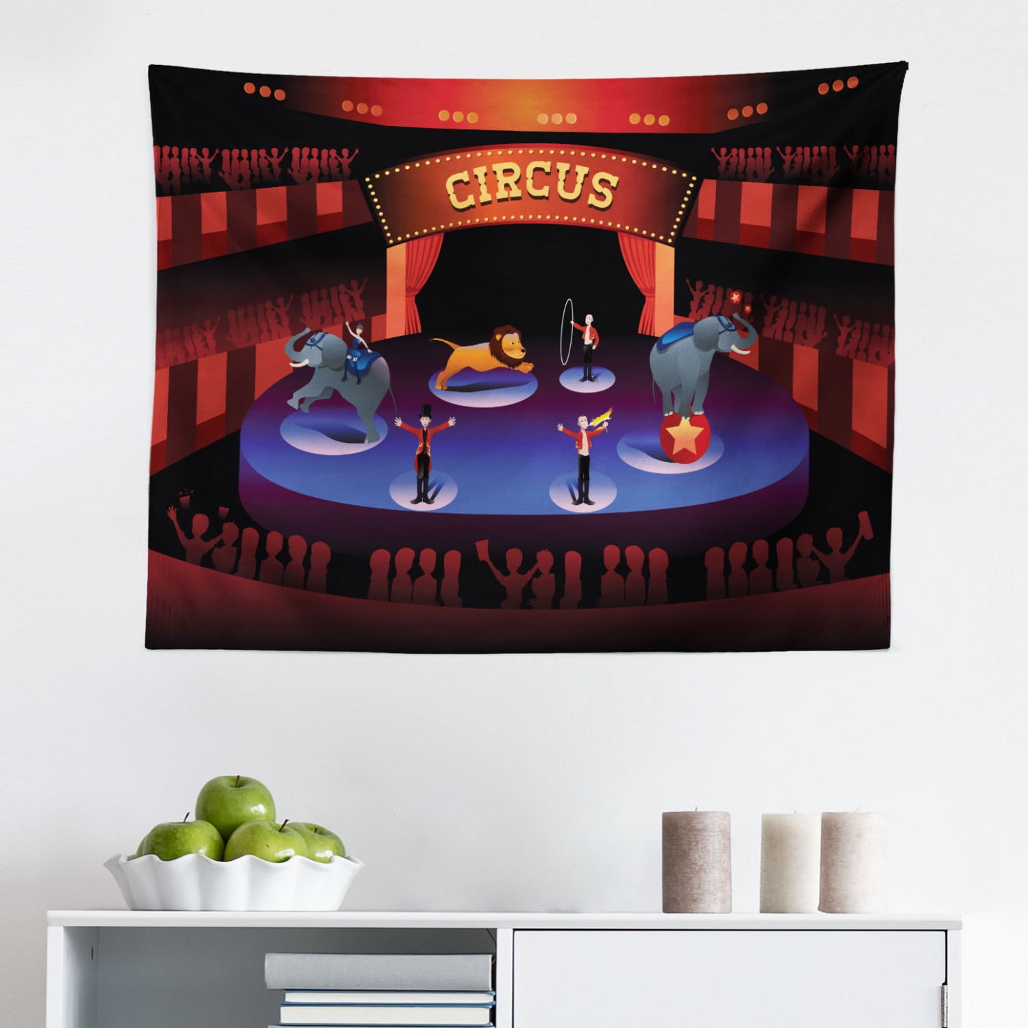 Circus Tapestry, Pattern of a Funny Clown Portrait Pointing Stars ...