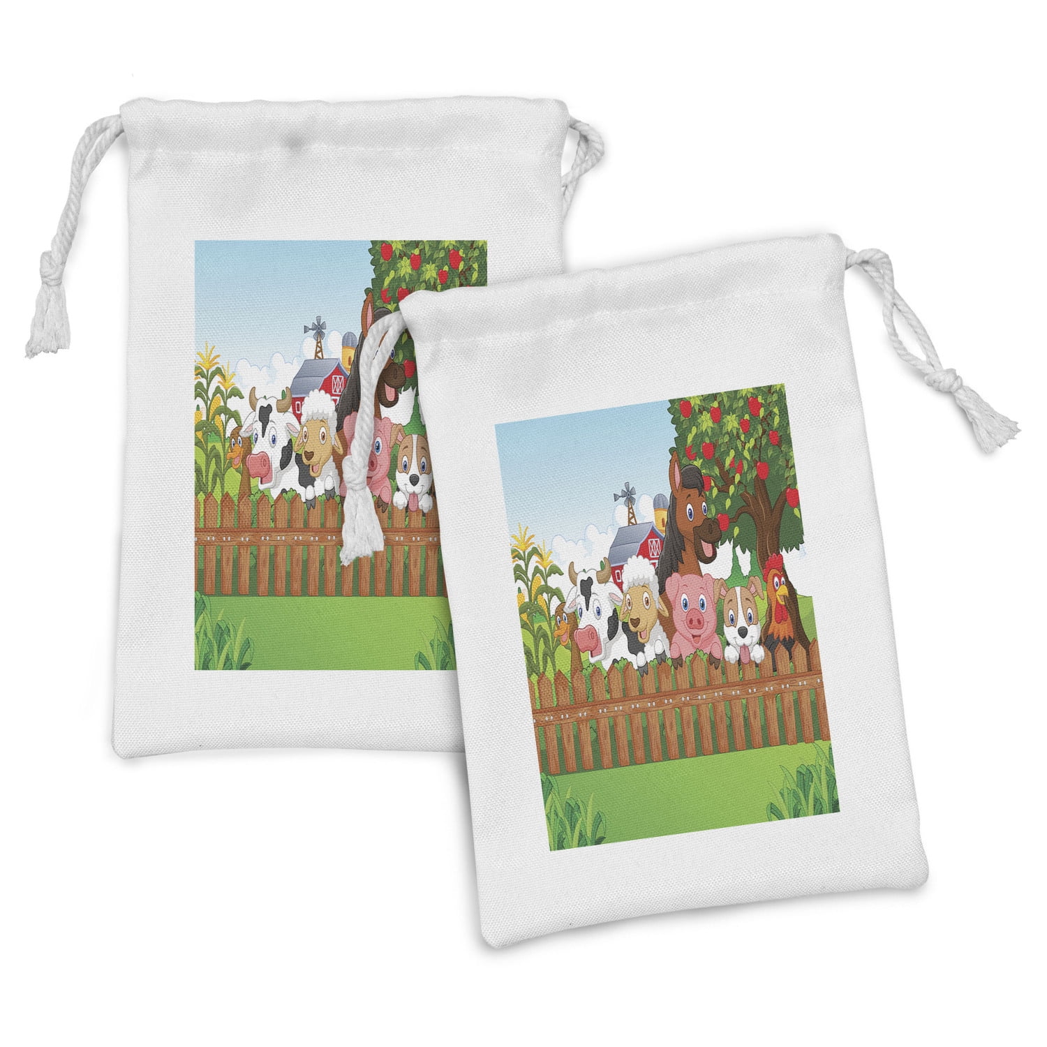Cartoon Fabric Pouch Set of 2, Composition Farm Animals on Fence Comic ...