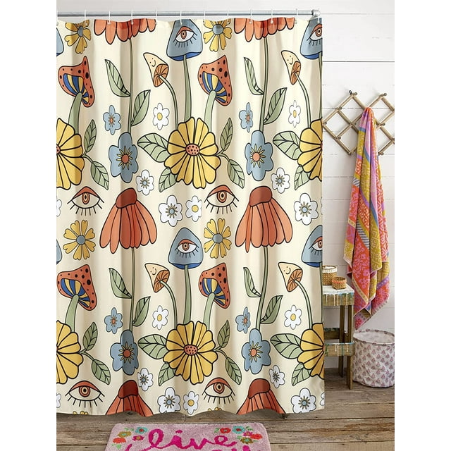 70s Retro Boho Floral Psychedelic Shower Curtain in Yellow Orange ...