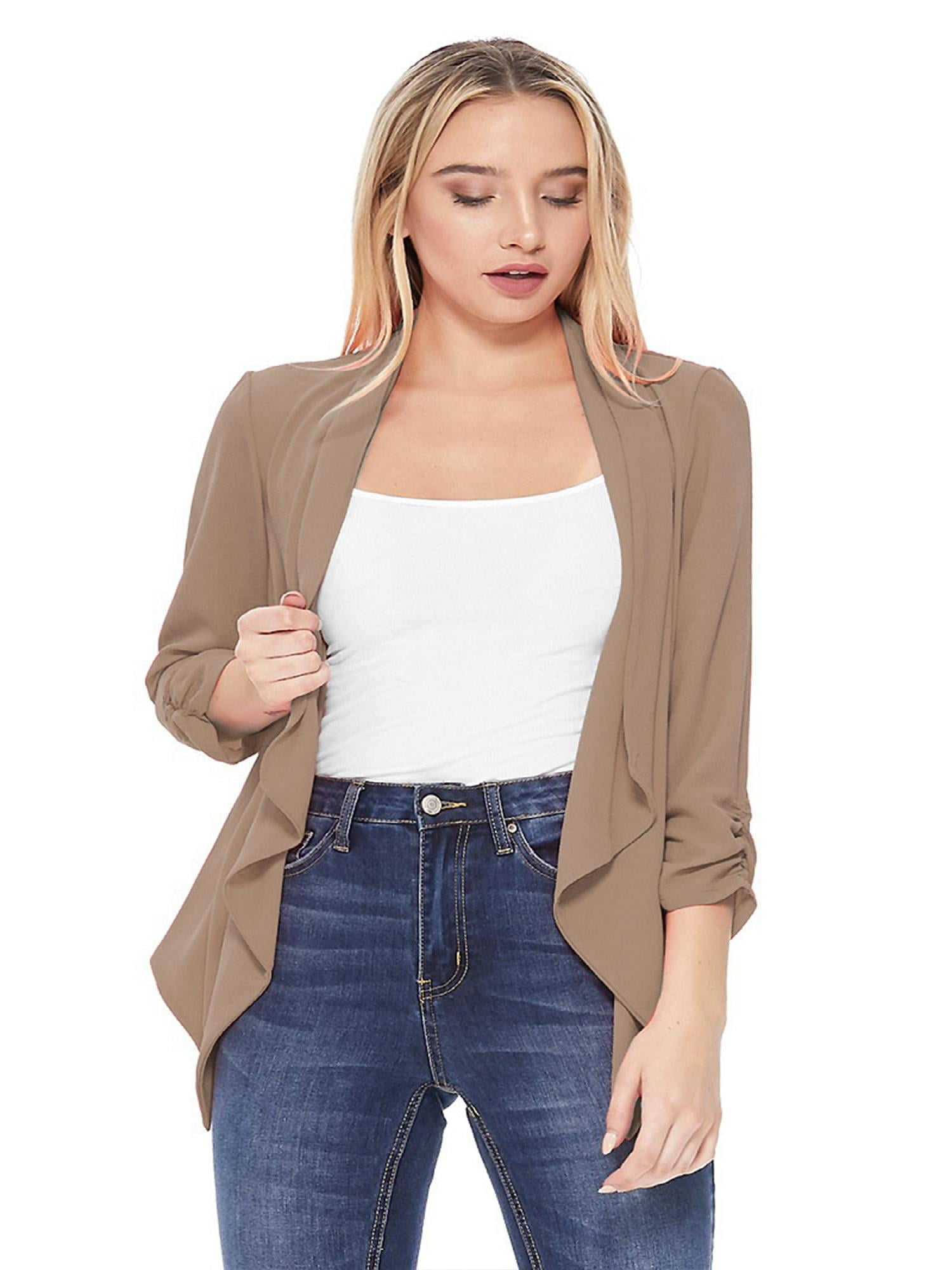 Women 3 4 Sleeve Woven Blazer Open Front Cardigan Jacket Work Office