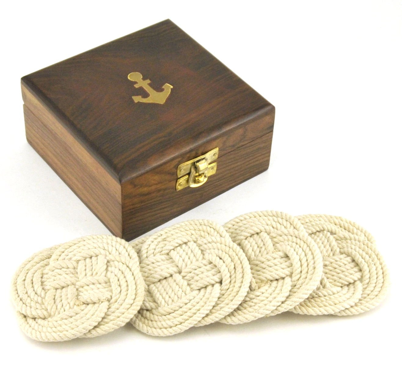 Rope Coaster Set (White Braided Style) With Square Wooden Box (4.75" x ...