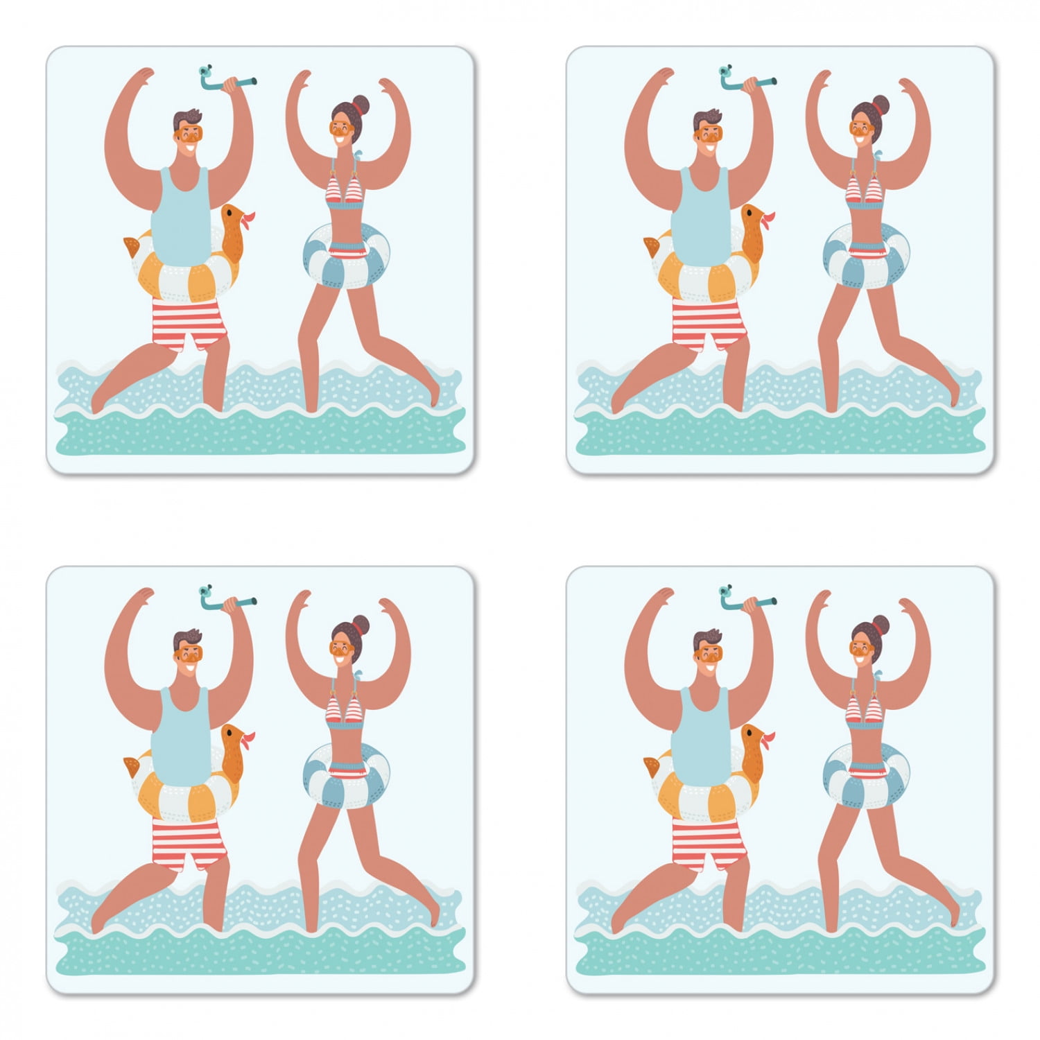 Summer Coaster Set of 4, Couple in Bathing Suits and Swim Ring Enjoying ...