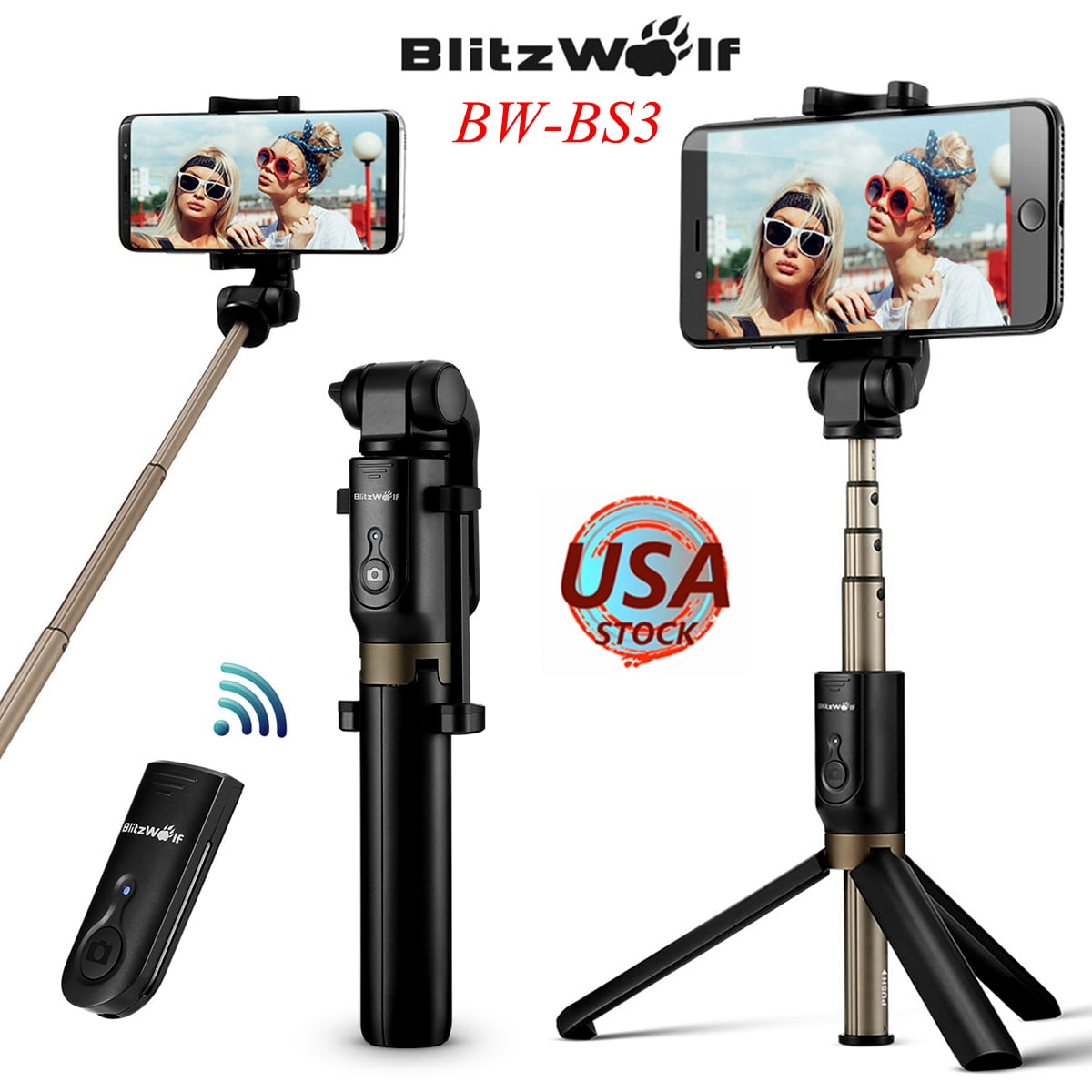 3in1 Extendable Selfie Stick Remote Control Shutter Handheld Monopod