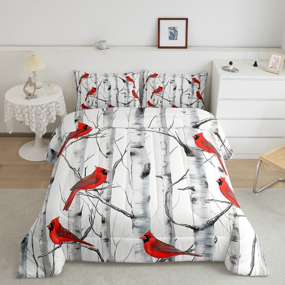 Erosebridal Cardinal Bird Comforter Sets Queen Size, Botanical Birch ...