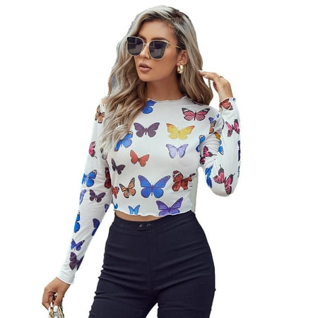 Women's Mesh Tops Long Sleeve Mock Neck Fitted Top Colorful & Butterfly ...