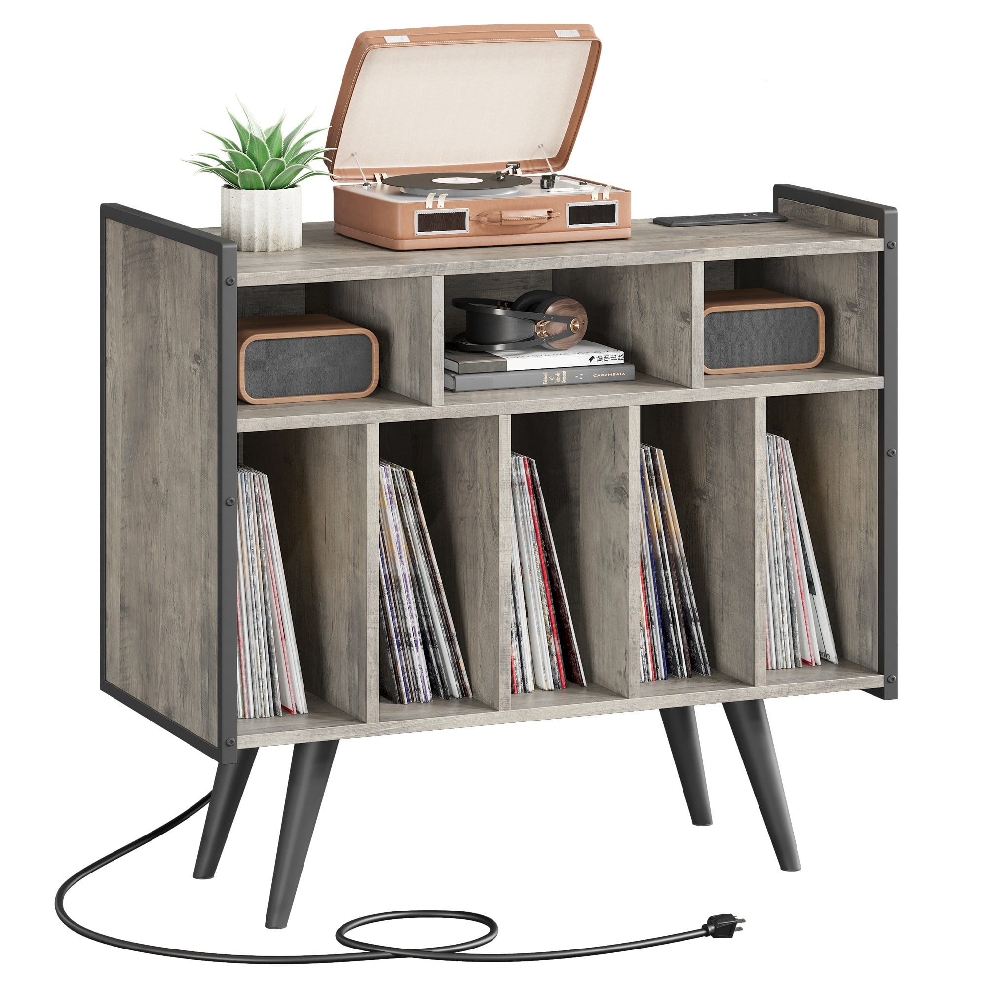 Yiwa Record Player Stand with Charging Station & USB, Wood Record ...