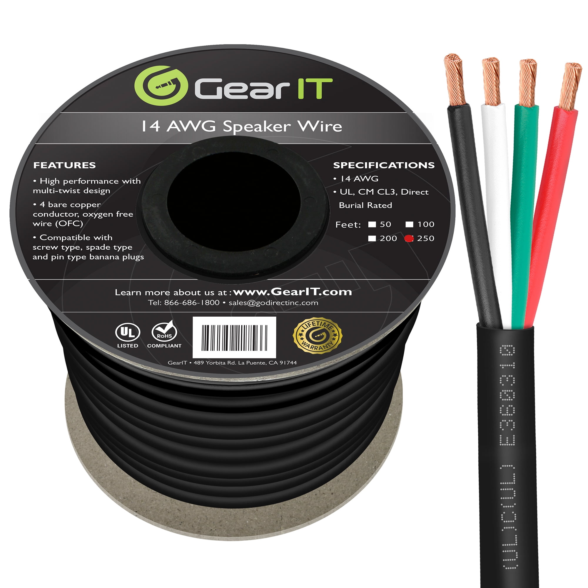 GearIT 14 AWG Oxygen Free Copper (OFC) Outdoor Speaker Wire 4-Conductor ...