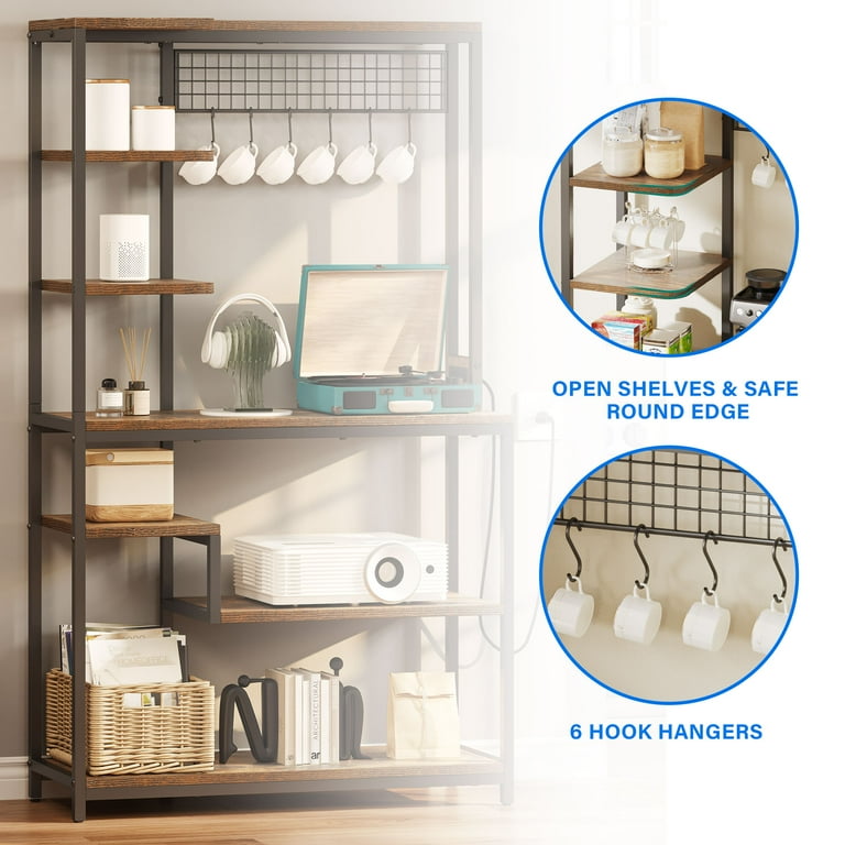 Dextrus 6 Tier Kitchen Bakers Rack with Power Outlets 39 Microwave Stand with Hooks Rustic Brown