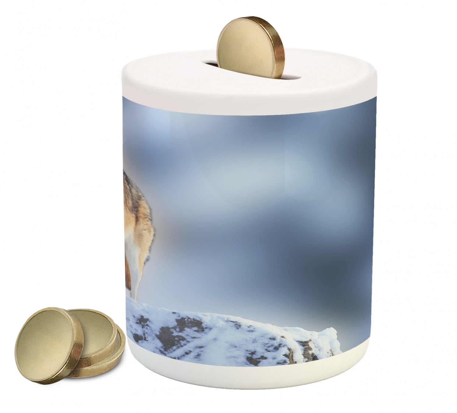 Wolf Piggy Bank, Carnivore Animal in Snow Mountains Blurred Background ...