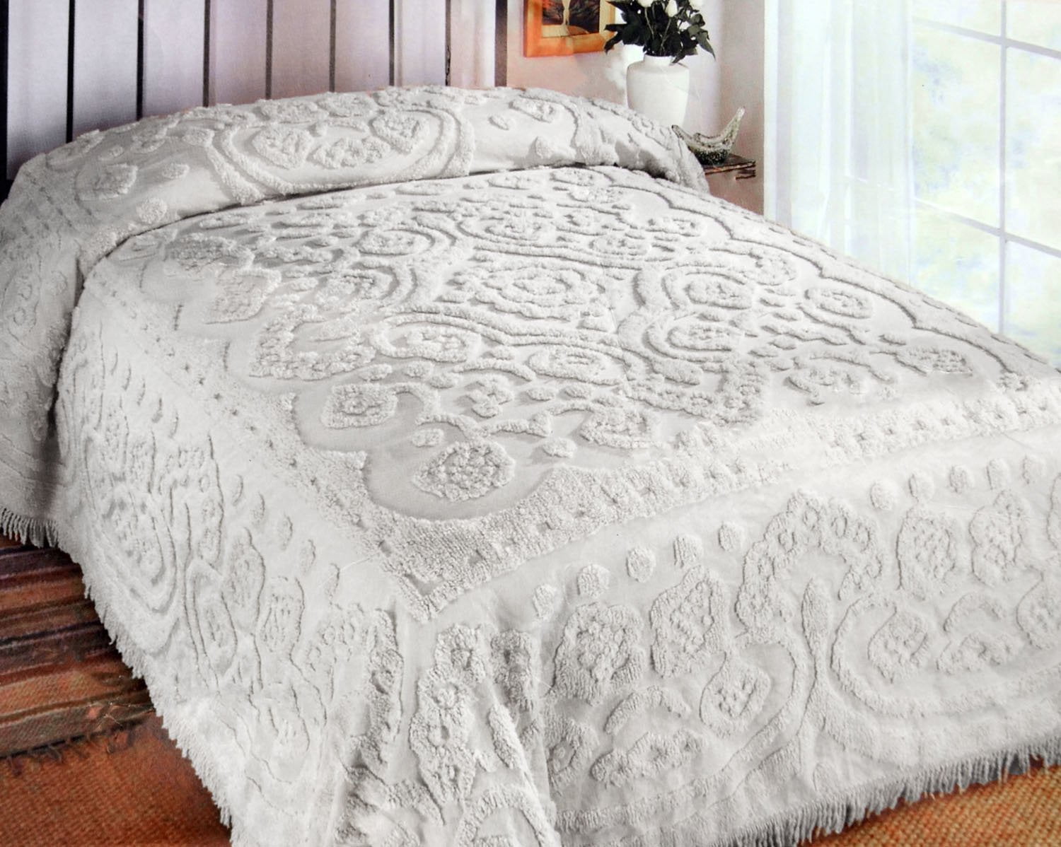 100 Cotton Jacquard Premium Matelasse Bedspread White Chenille King