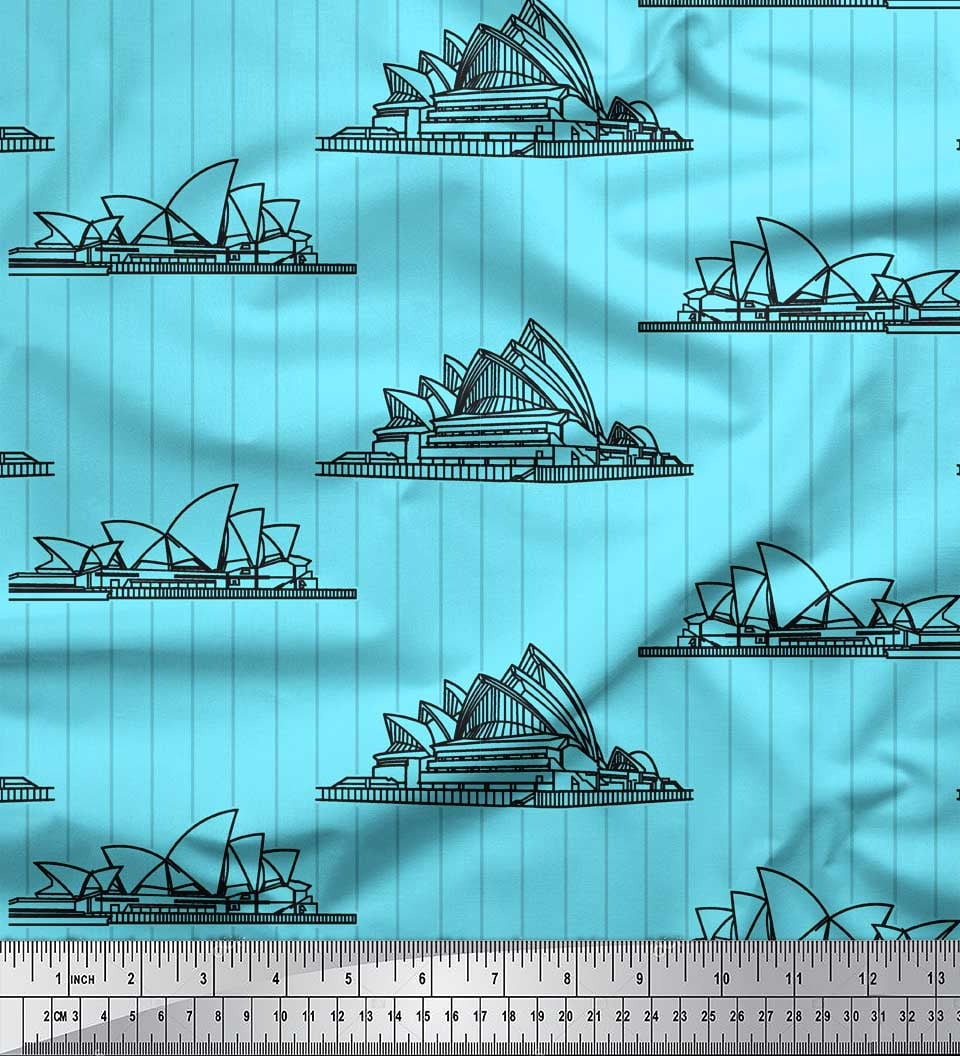 Soimoi Blue Poly Georgette Fabric Stripe & Sydney Opera House ...