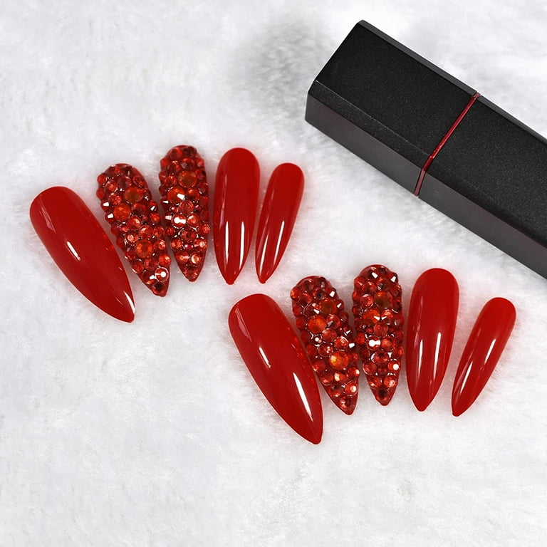 Red Acrylic Nails With Rhinestones