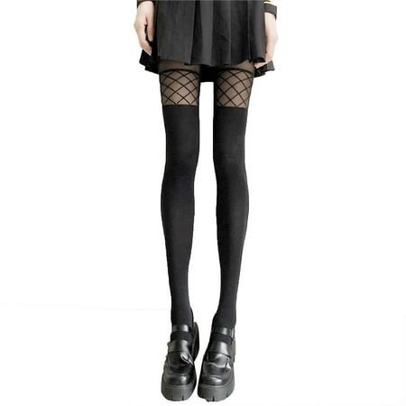 Women Goth Black Sheer Pantyhose Mesh Grid Fishnet Print Stitching ...