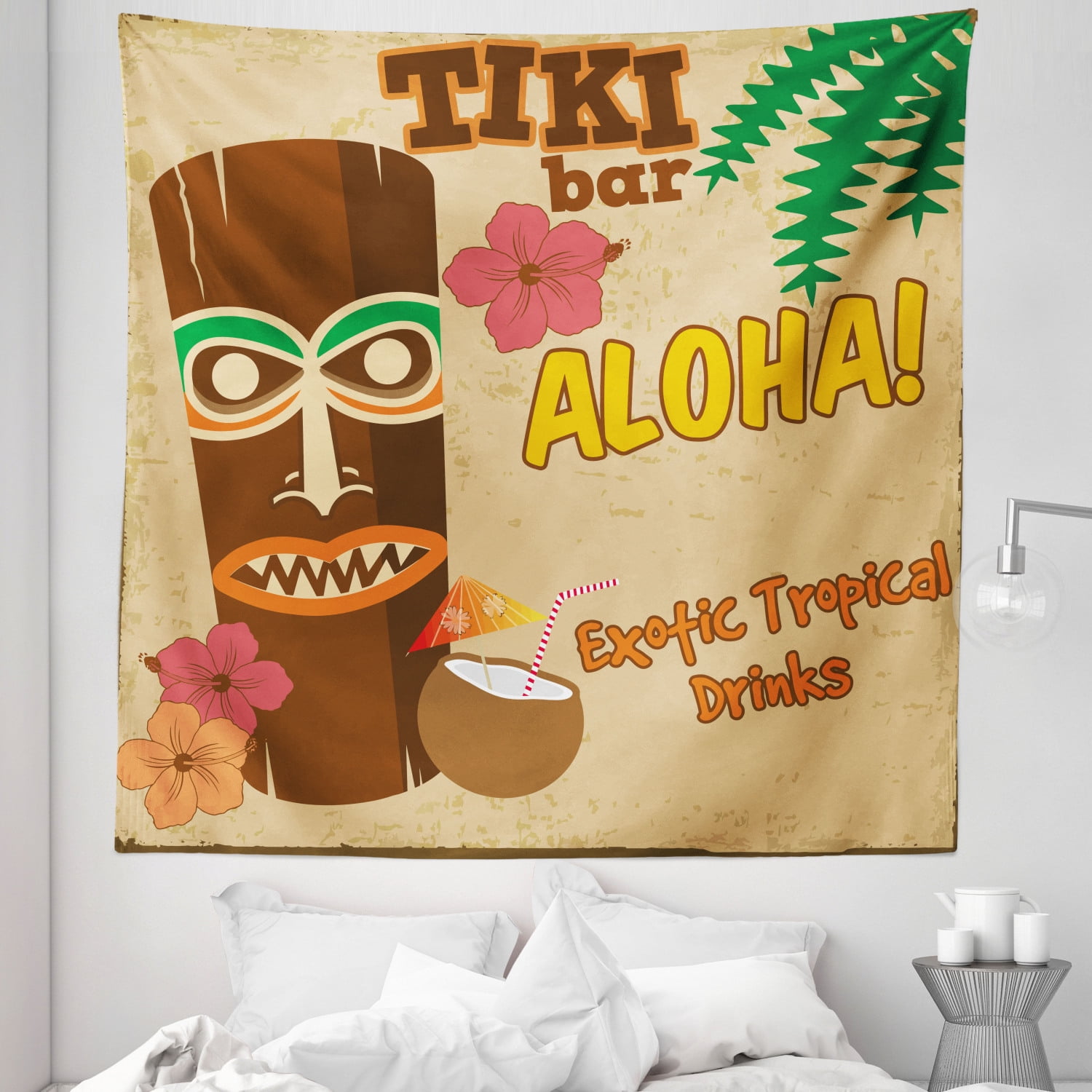 Tiki Bar Tapestry, Polynesian Tropical Drink Retro Typography and Flora ...