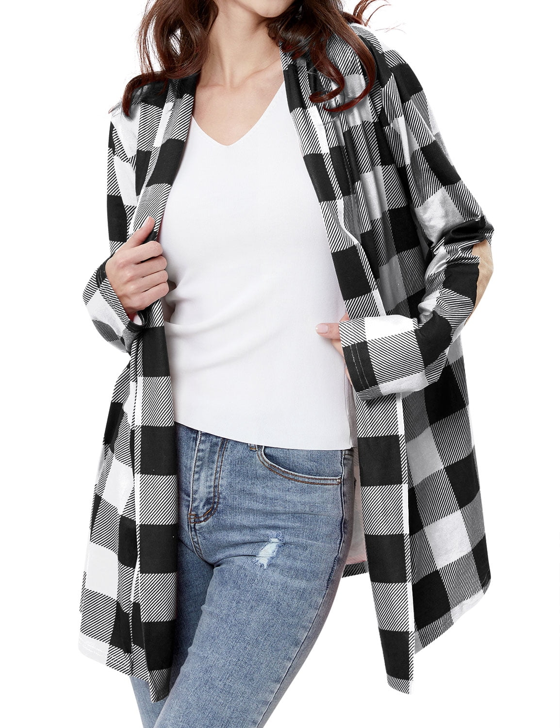 Women Colorblock Plaid Elbow Patch Long Sleeves Cardigan - Walmart.com