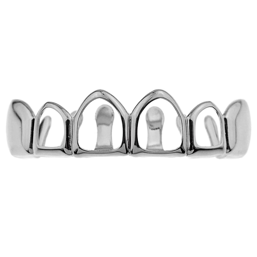 4 Four Open Face Grillz Top Row Upper Teeth Silver Tone Hip Hop Mouth ...